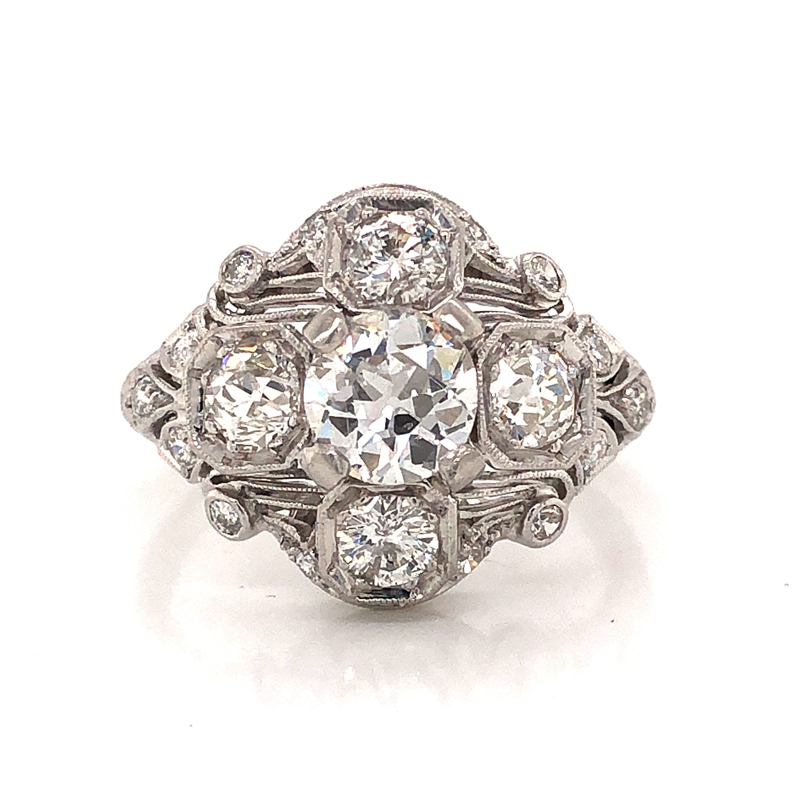 2.22 Art Deco Diamond Cocktail Ring in Platinum - Filigree Jewelers