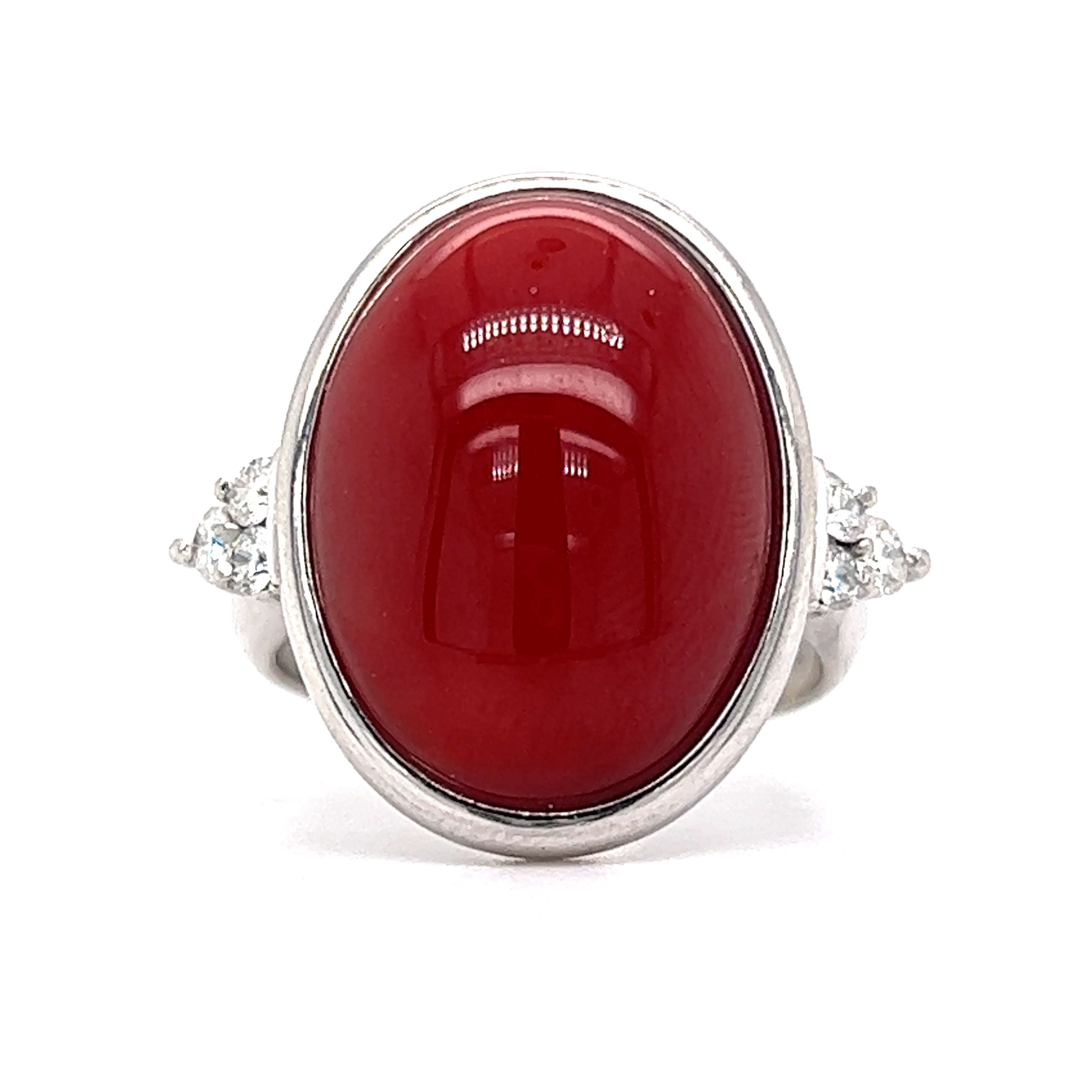 Bezel Set Red Coral & Diamond Cocktail Ring in Platinum - Filigree Jewelers