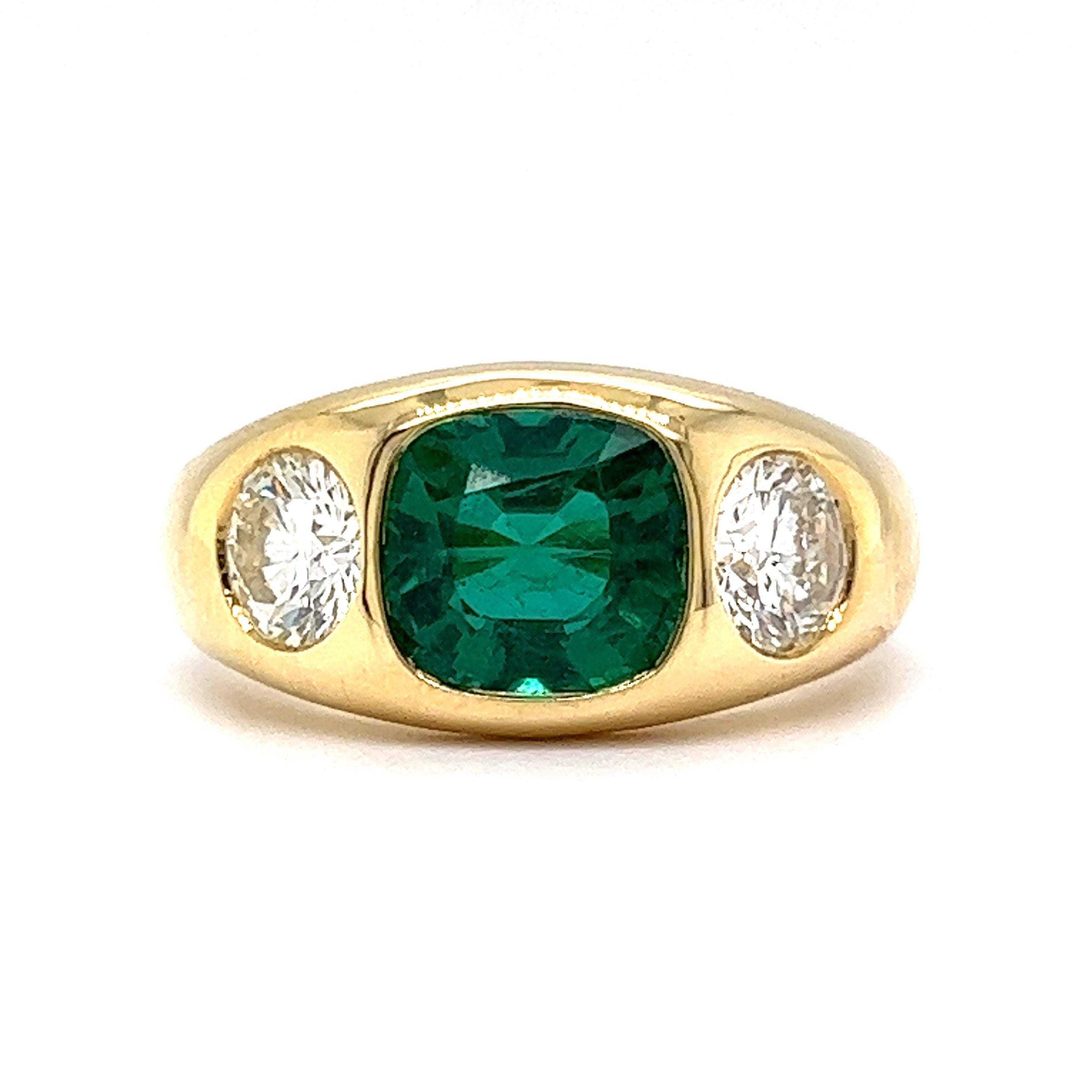 Flush Set Cushion Cut Emerald & Diamond Ring in 18k Yellow Gold ...