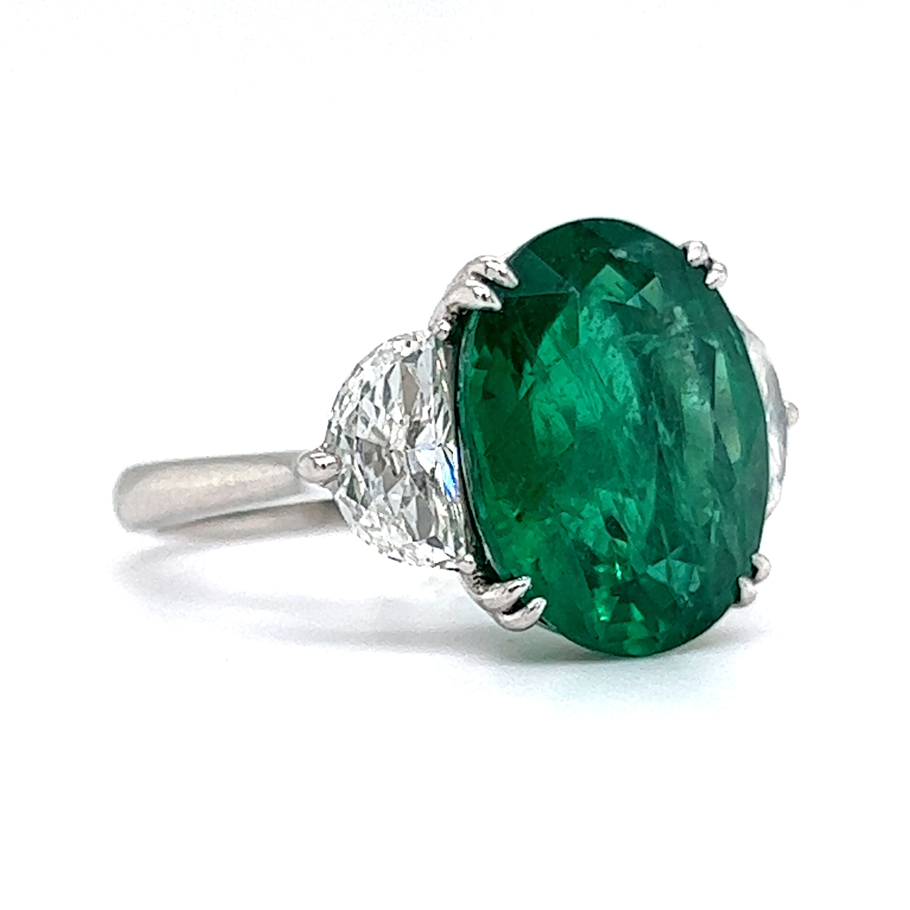Oval Cut Emerald & Half Moon Diamond Cocktail Ring in Platinum ...